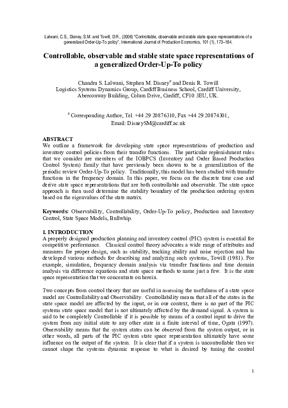 (PDF) Controllable, observable and stable state space representations of a generalized order-up ...