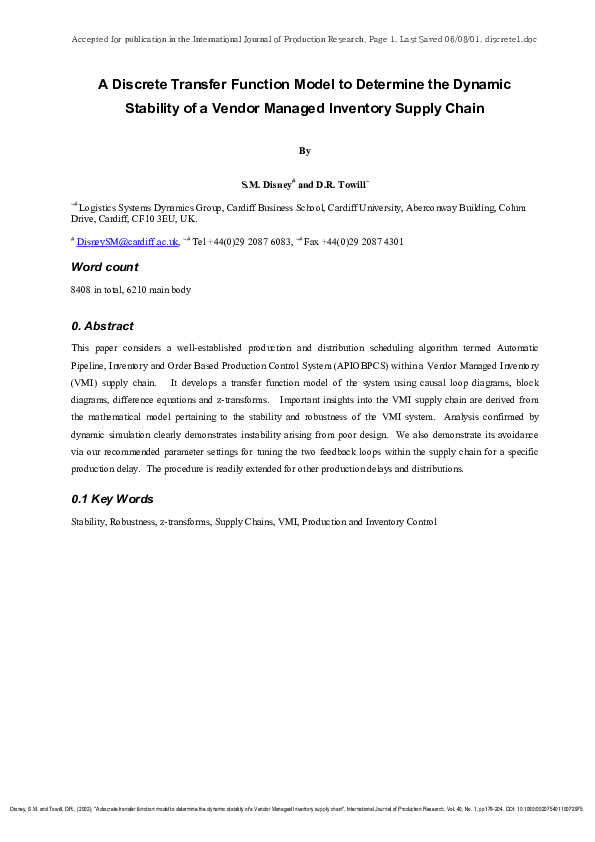 (PDF) A discrete linear control theory model to determine the dynamic stability of Vendor ...