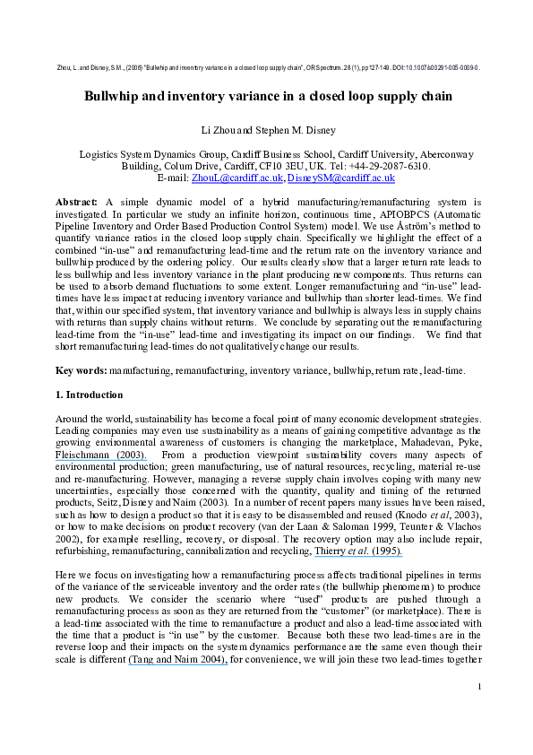 (PDF) Bullwhip and inventory variance in a closed loop supply chain