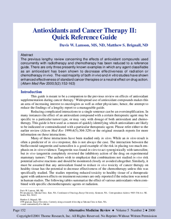 (PDF) Antioxidants and cancer therapy II: quick reference guide