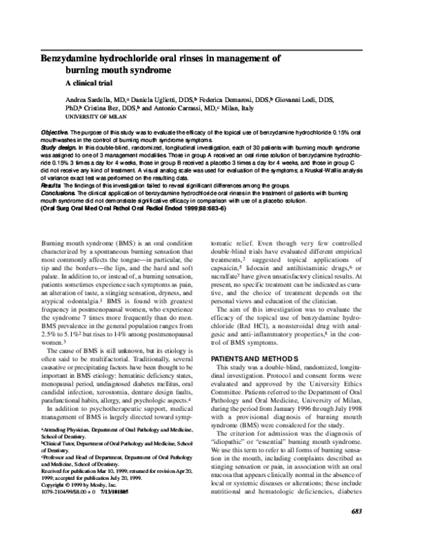 (PDF) Benzydamine hydrochloride oral rinses in management of burning ...
