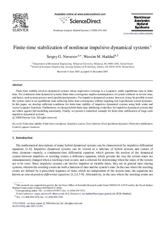 (PDF) Finite-time stabilization of nonlinear impulsive dynamical systems