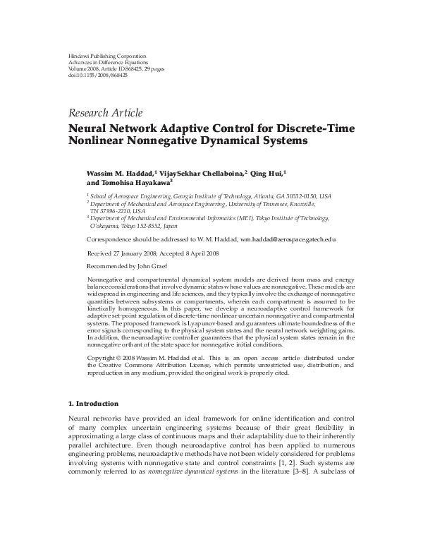 (PDF) Neural Network Adaptive Control for Discrete-Time Nonlinear Nonnegative Dynamical Systems