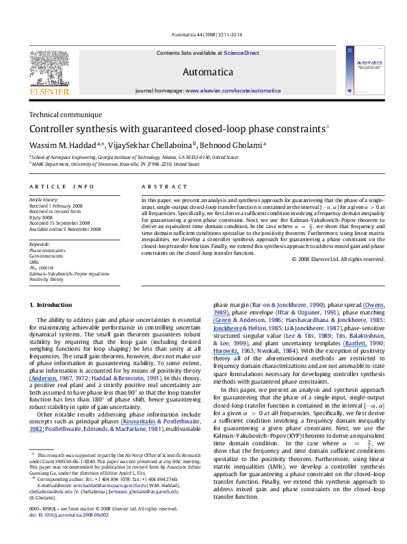 (PDF) Controller synthesis with guaranteed closed-loop phase constraints