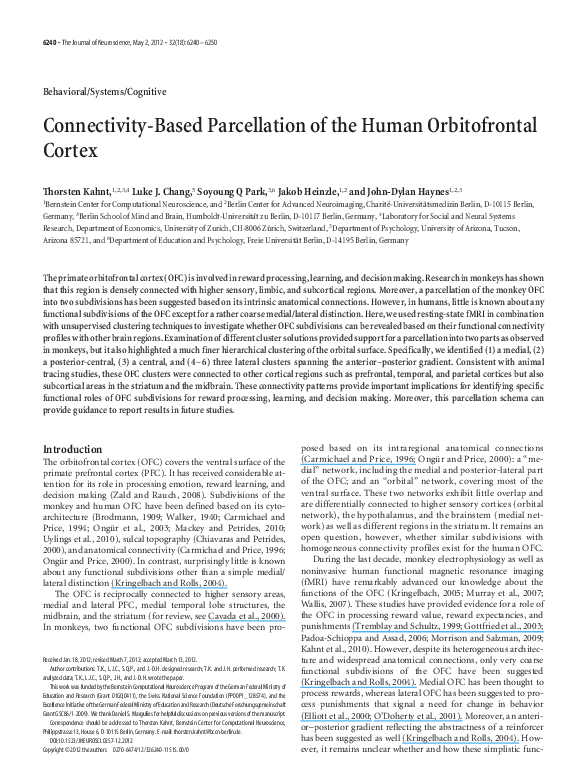 Pdf Connectivity Based Parcellation Of The Human Orbitofrontal Cortex