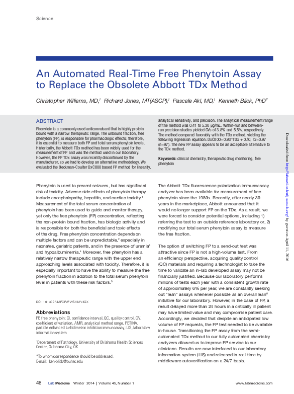 (PDF) An automated real-time free phenytoin assay to replace the obsolete Abbott TDx method