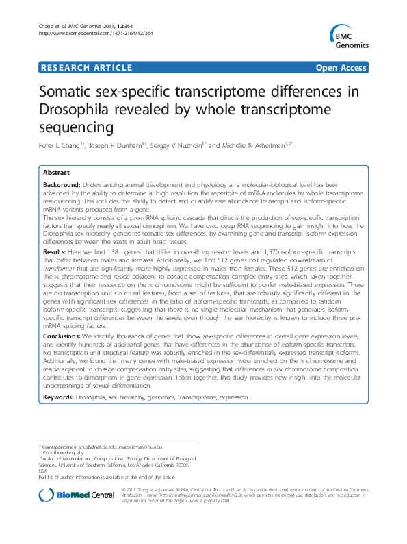 Pdf Somatic Sex Specific Transcriptome Differences In Drosophila