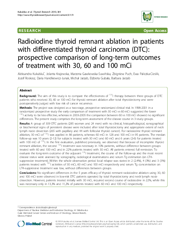 (PDF) Low-Dose Radioiodine Therapy in Well-Differentiated Thyroid Carcinoma | Ulkem Yararbas ...