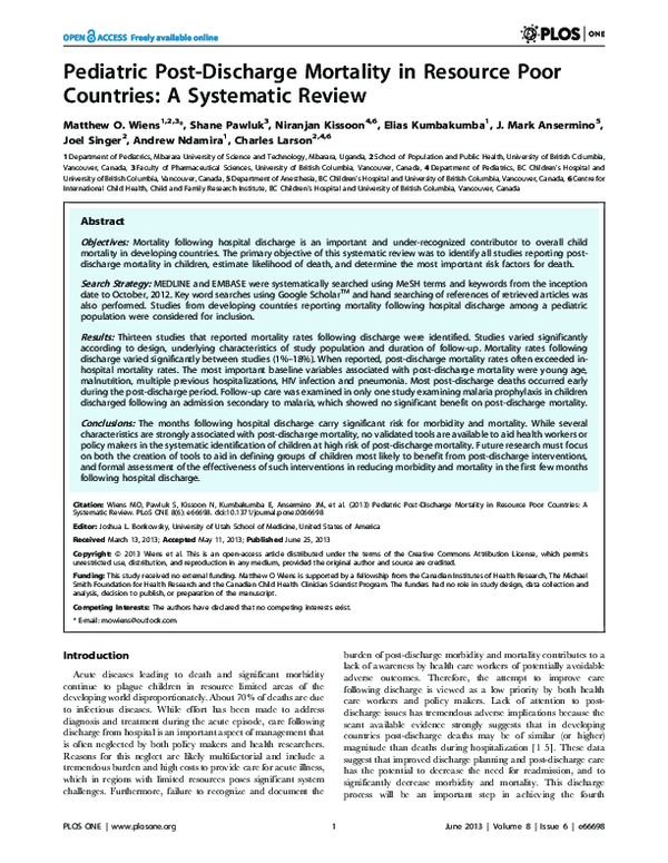 (PDF) Pediatric Post-Discharge Mortality in Resource Poor Countries: A ...