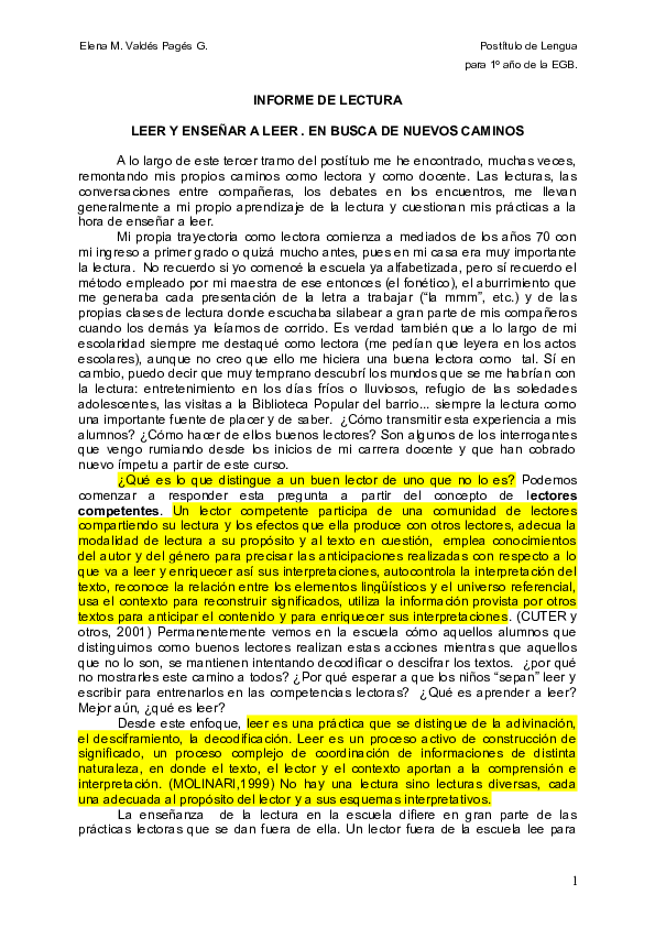 (DOC) INFORME DE LECTURA LEER Y ENSEÑAR A LEER . EN BUSCA DE NUEVOS CAMINOS