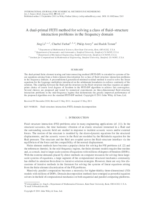 (PDF) A dual-primal FETI method for solving a class of fluid–structure interaction problems in ...