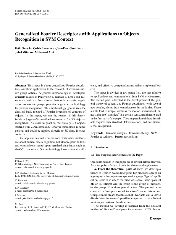 Pdf Generalized Fourier Descriptors With Applications To Objects Recognition In Svm Context