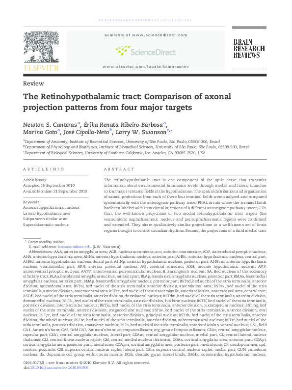 (PDF) The Retinohypothalamic tract: Comparison of axonal projection ...