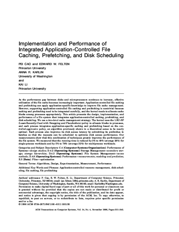 Pdf Implementation And Performance Of Integrated Application Controlled Caching Prefetching