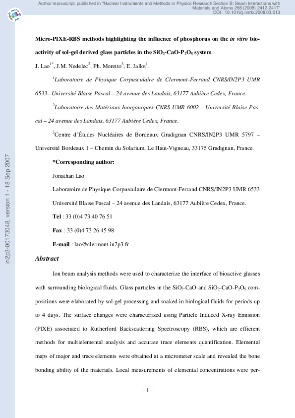 (PDF) Micro-PIXE–RBS methods highlighting the influence of phosphorus on the in vitro ...
