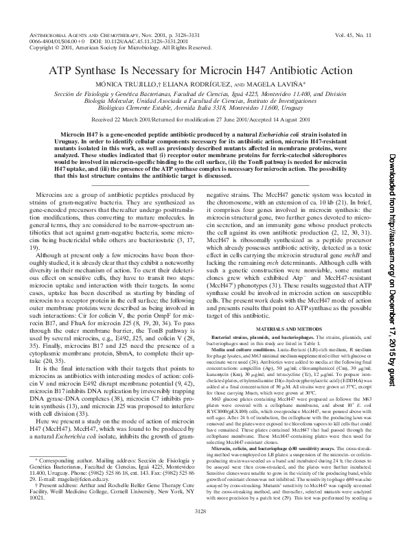 (PDF) ATP Synthase Is Necessary for Microcin H47 Antibiotic Action