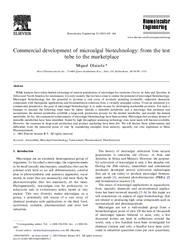(PDF) Commercial development of microalgal biotechnology: from the test ...