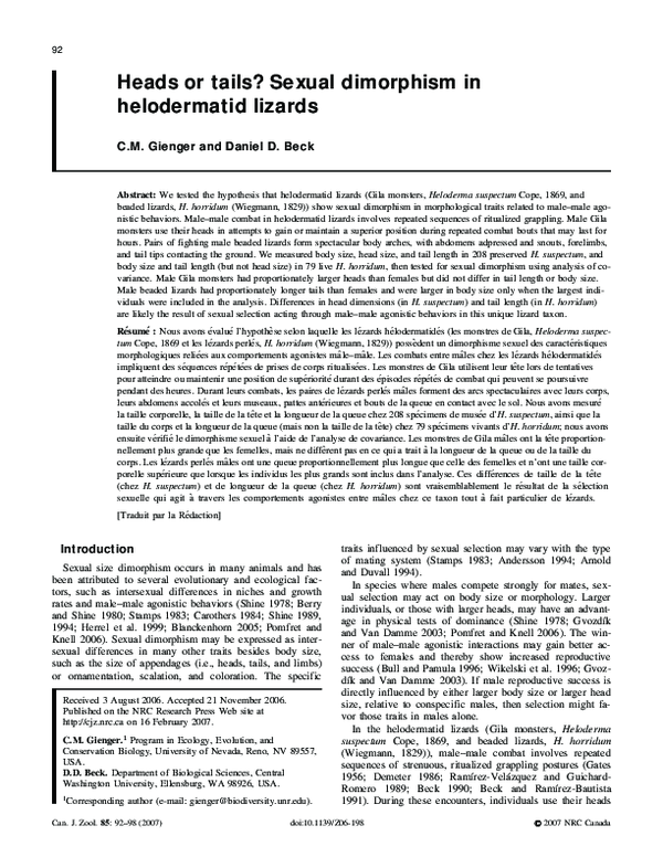 (PDF) Heads or tails? Sexual dimorphism in helodermatid lizards