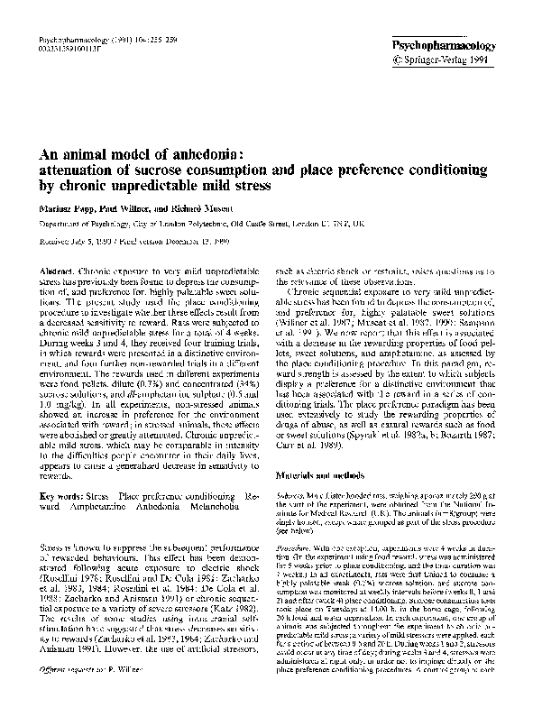 (PDF) An animal model of anhedonia: attenuation of sucrose consumption ...