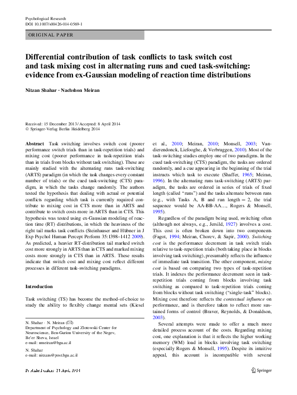 Pdf Differential Contribution Of Task Conflicts To Task Switch Cost And Task Mixing Cost In