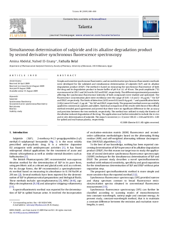 Pdf Simultaneous Determination Of Sulpiride And Its Alkaline Degradation Product By Second