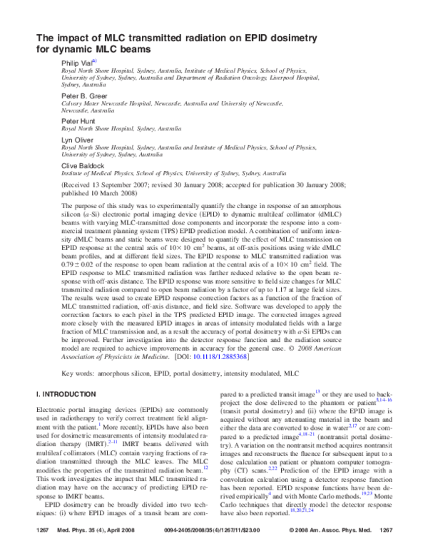 Pdf The Impact Of Mlc Transmitted Radiation On Epid Dosimetry For Dynamic Mlc Beams Philip 