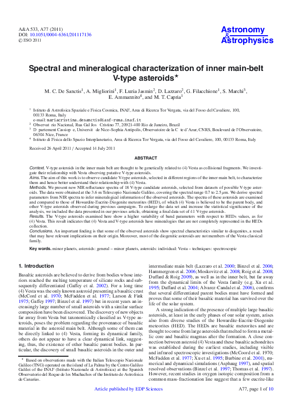 (PDF) Spectral and mineralogical characterization of inner main-belt V ...