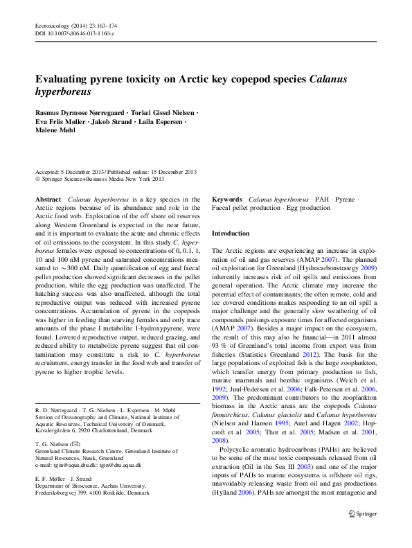 (PDF) Evaluating pyrene toxicity on Arctic key copepod species Calanus ...