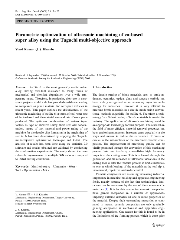 (PDF) Parametric optimization of ultrasonic machining of co-based super alloy using the Taguchi ...