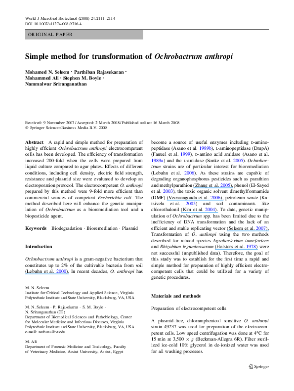 Pdf Simple Method For Transformation Of Ochrobactrum Anthropi
