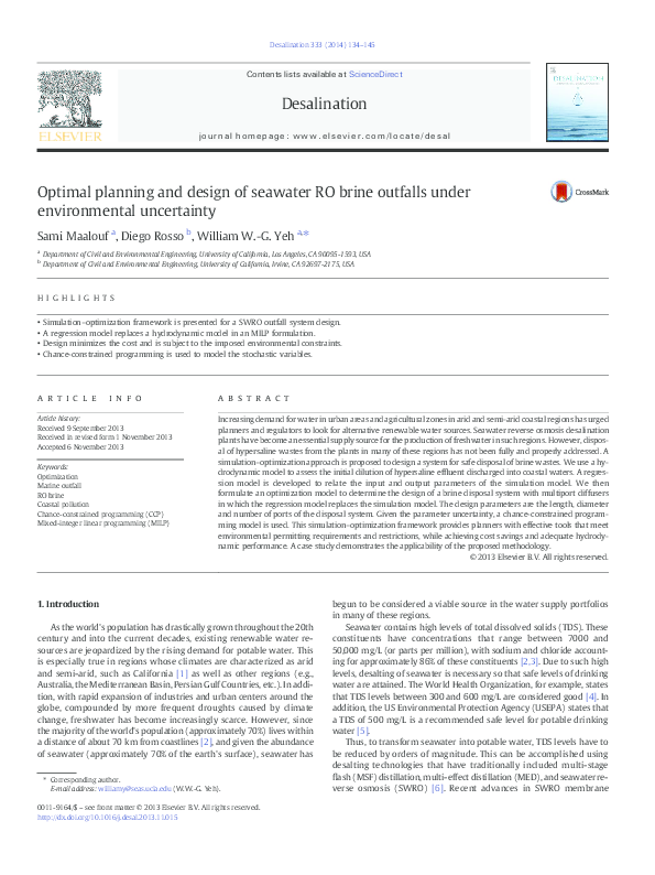(PDF) Optimal planning and design of seawater RO brine outfalls under ...