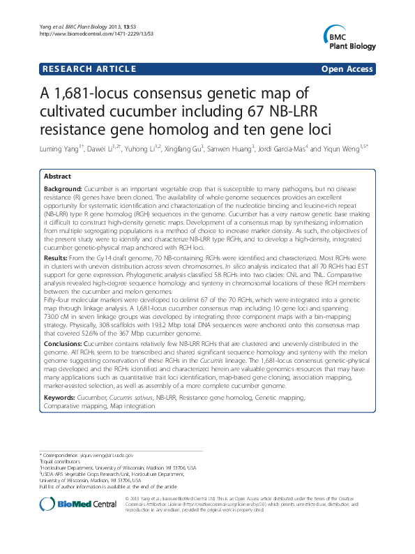 (PDF) A 1,681-locus consensus genetic map of cultivated cucumber ...