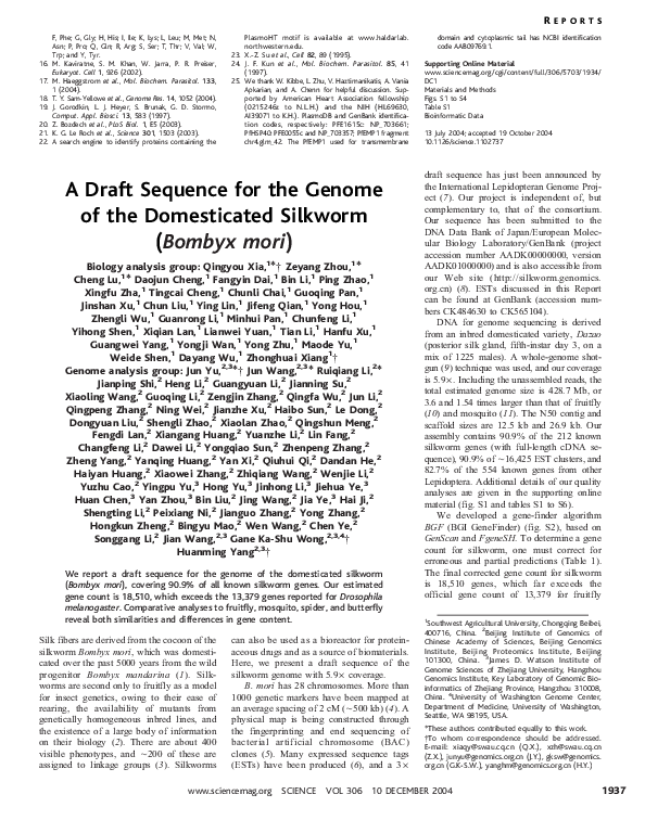 (PDF) A Draft Sequence for the Genome of the Domesticated Silkworm ...