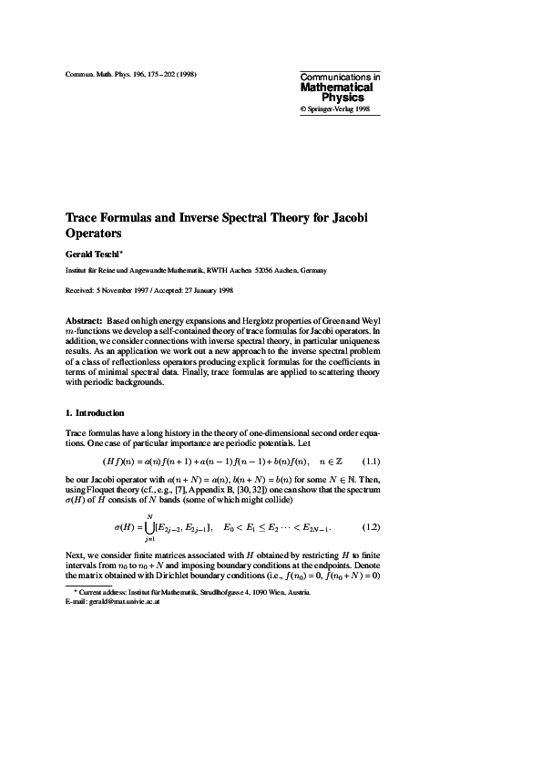 Pdf Trace Formulas And Inverse Spectral Theory For Finite Jacobi