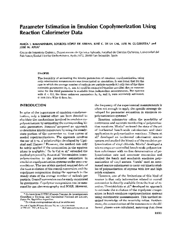 (PDF) Parameter estimation in emulsion copolymerization using reaction calorimeter data