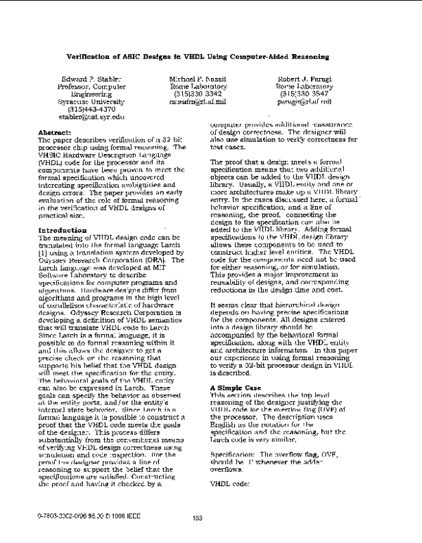 Pdf Verification Of Asic Designs In Vhdl Using Computer Aided Reasoning