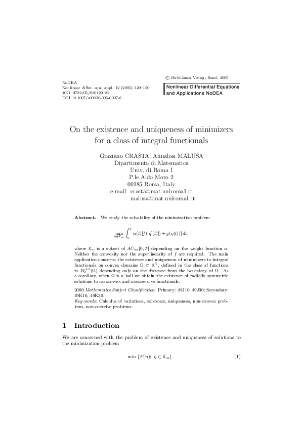 (PDF) On the existence and uniqueness of minimizers for a class of integral functionals