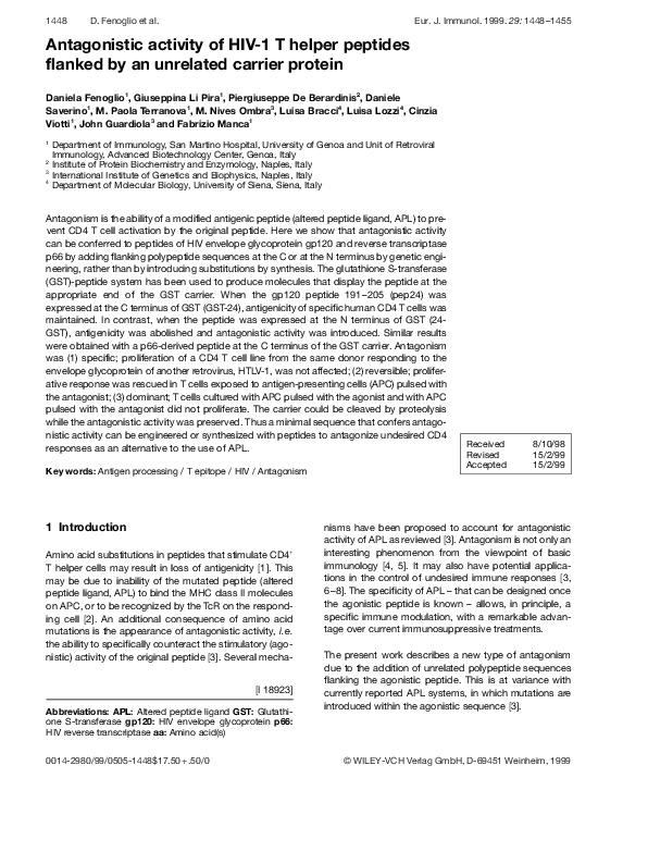 (PDF) Antagonistic activity of HIV-1 T helper peptides flanked by an ...