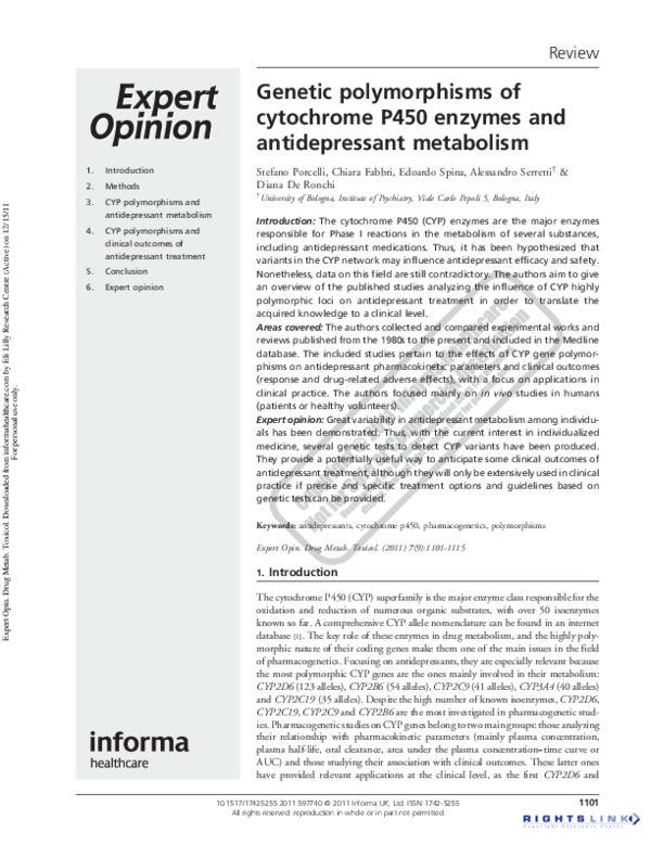 (PDF) Genetic polymorphisms of cytochrome P450 enzymes and antidepressant metabolism