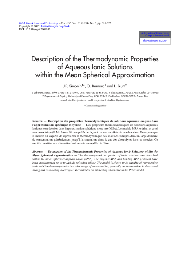 (PDF) Description of the Thermodynamic Properties of Aqueous Ionic Solutions within the Mean ...