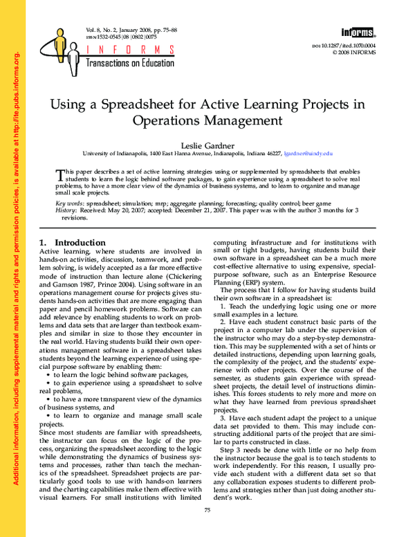(PDF) Using a Spreadsheet for Active Learning Projects in Operations ...