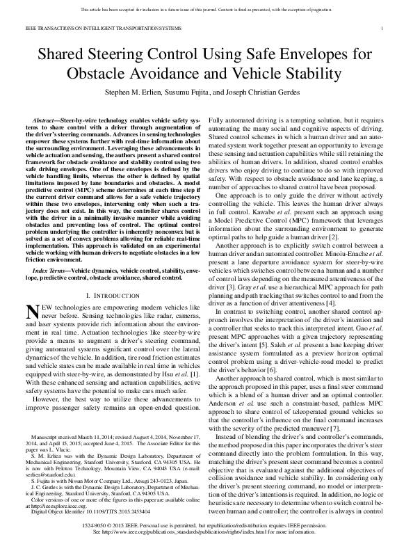 (PDF) Shared Steering Control Using Safe Envelopes for Obstacle Avoidance and Vehicle Stability