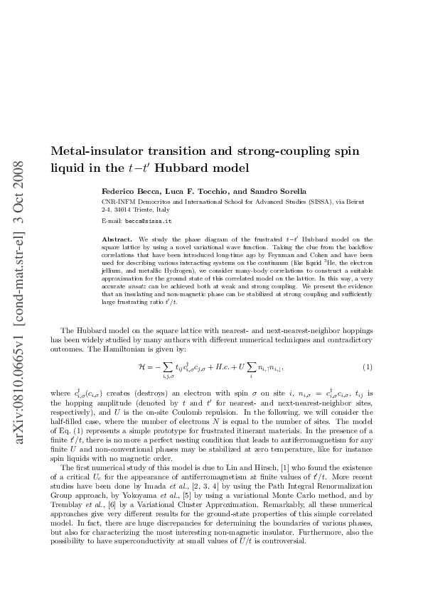 Pdf Metal Insulator Transition And Strong Coupling Spin Liquid In The T T ′ Hubbard Model