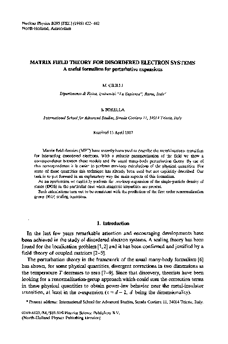 (PDF) Matrix field theory for disordered electron systems