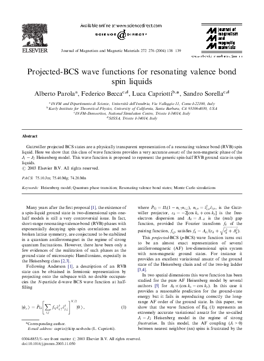(PDF) Projected-BCS wave functions for resonating valence bond spin liquids