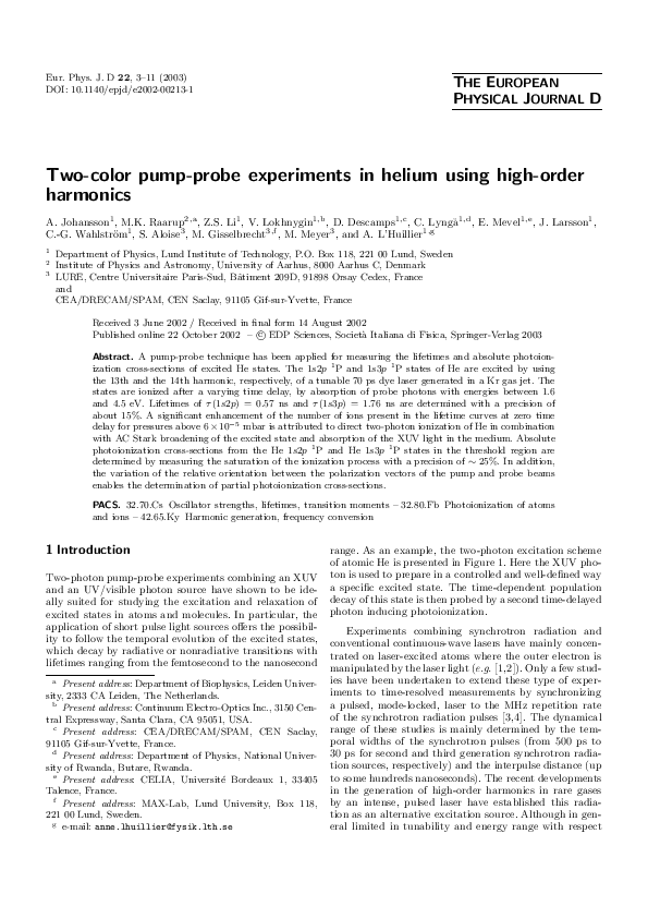 (PDF) Two-color pump-probe experiments in helium using high-order harmonics