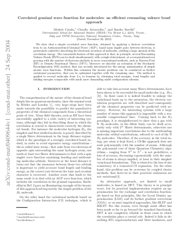 (PDF) Correlated geminal wave function for molecules: An efficient resonating valence bond approach