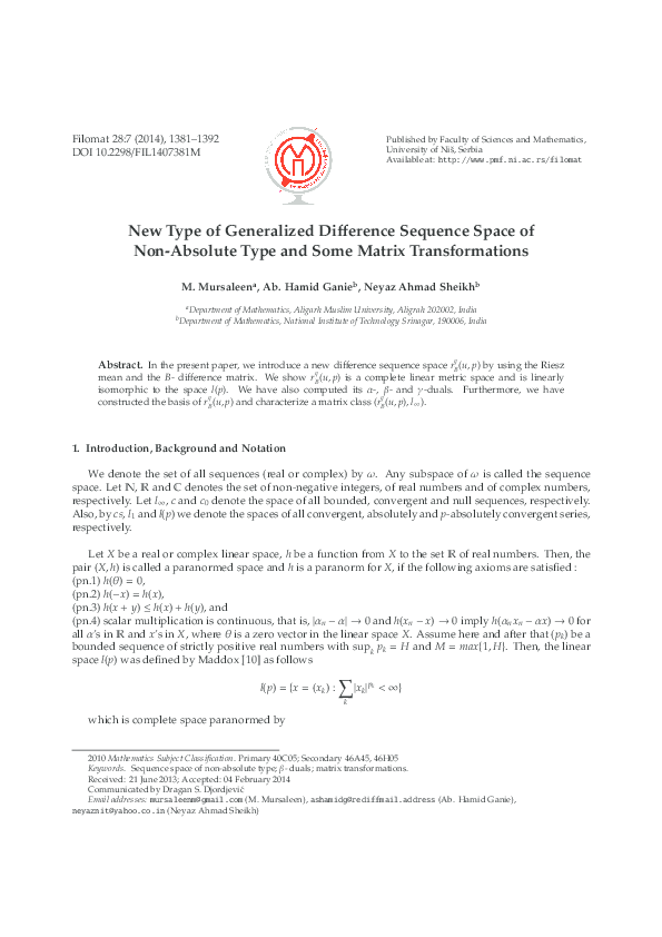 Pdf New Type Of Generalized Difference Sequence Space Of Non Absolute Type And Some Matrix