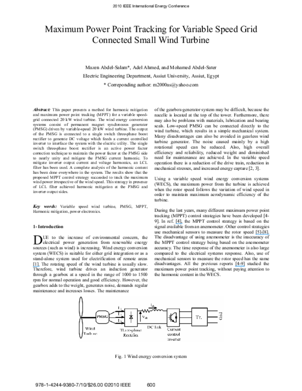 Pdf Maximum Power Point Tracking For Variable Speed Grid Connected