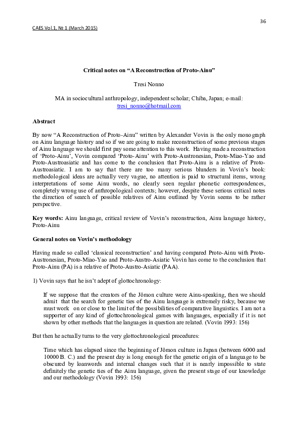 (PDF) Critical notes on “A Recontruction of Proto-Ainu”